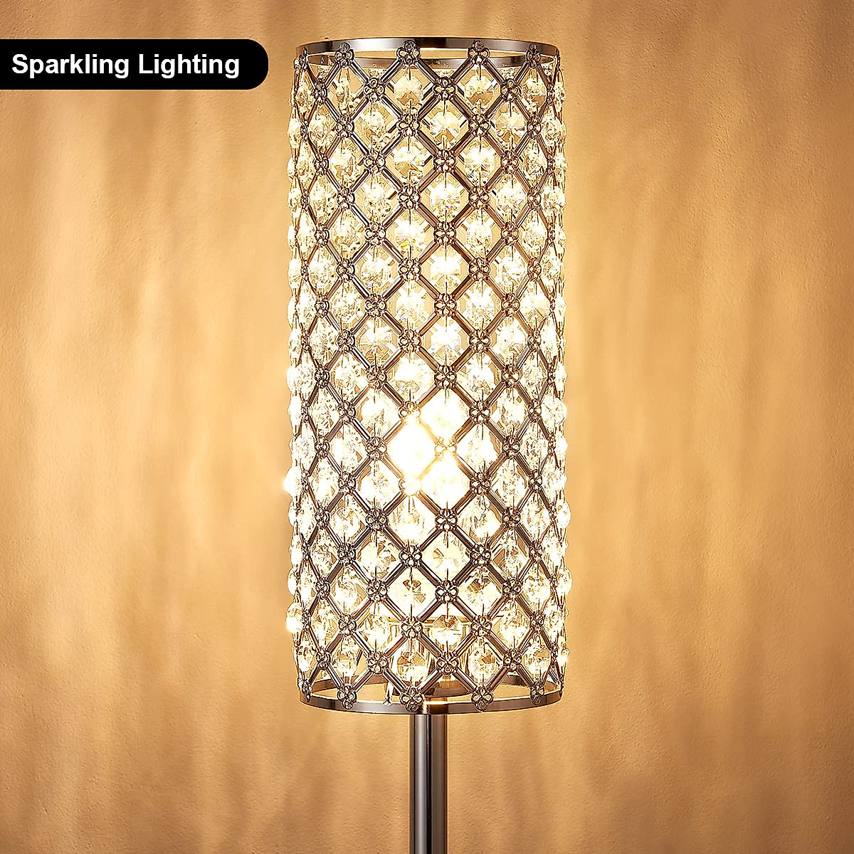 Crystal Floor Lamp with Bulb for Girls Bedroom Silver, Living Room, Modern Tall Glam Minimalism Pole Corner Standing Light for office, Dorm Hotel