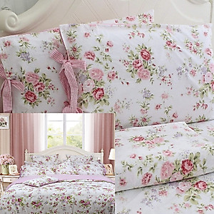 FADFAY 7Pcs Queen Size Premium Cotton Rose Floral Duvet Cover Sheets Set,1 Duvet Cover+1 Flat Sheet+1 Fitted Sheet+ 4 Shams