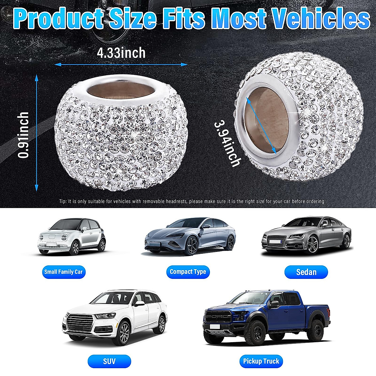 Kewucn 4 Pack Car Headrest Collars, Bling Auto Head Rest Collar Decor Rings, Crystal Diamond Vehicle Seat Collars Rings, Universal Car Interior Decoration Accessories for Most Cars (White)