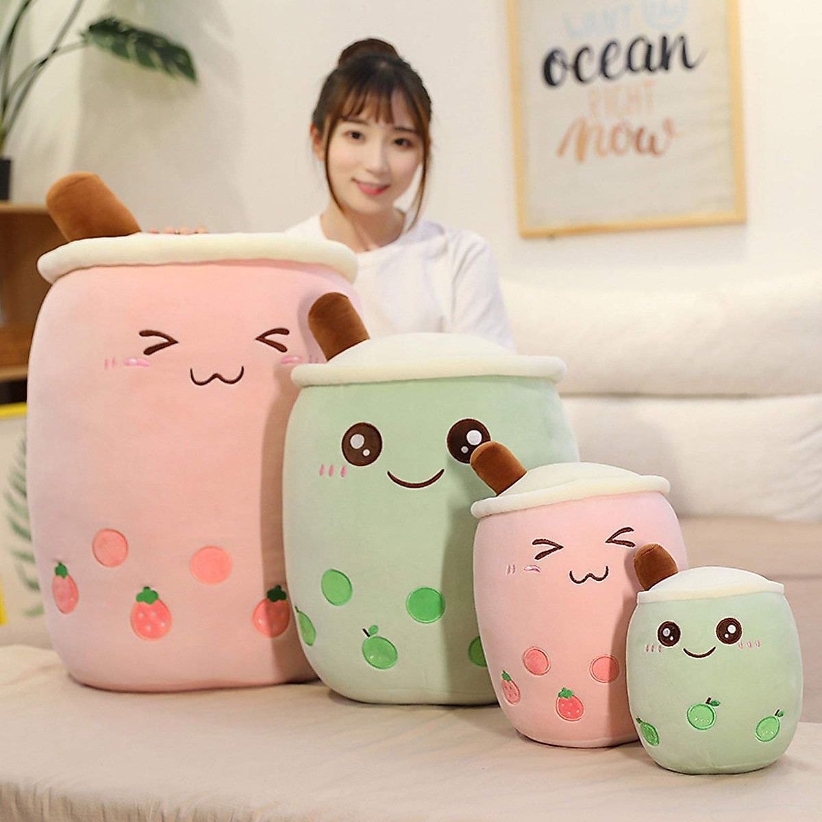 Cartoon Tea Plush Pillow,Plush Boba Figurine Toy,24/35 cm Cute Bubble Tea Cup Shaped Pillow with Suction Tubes (Pink, Large)