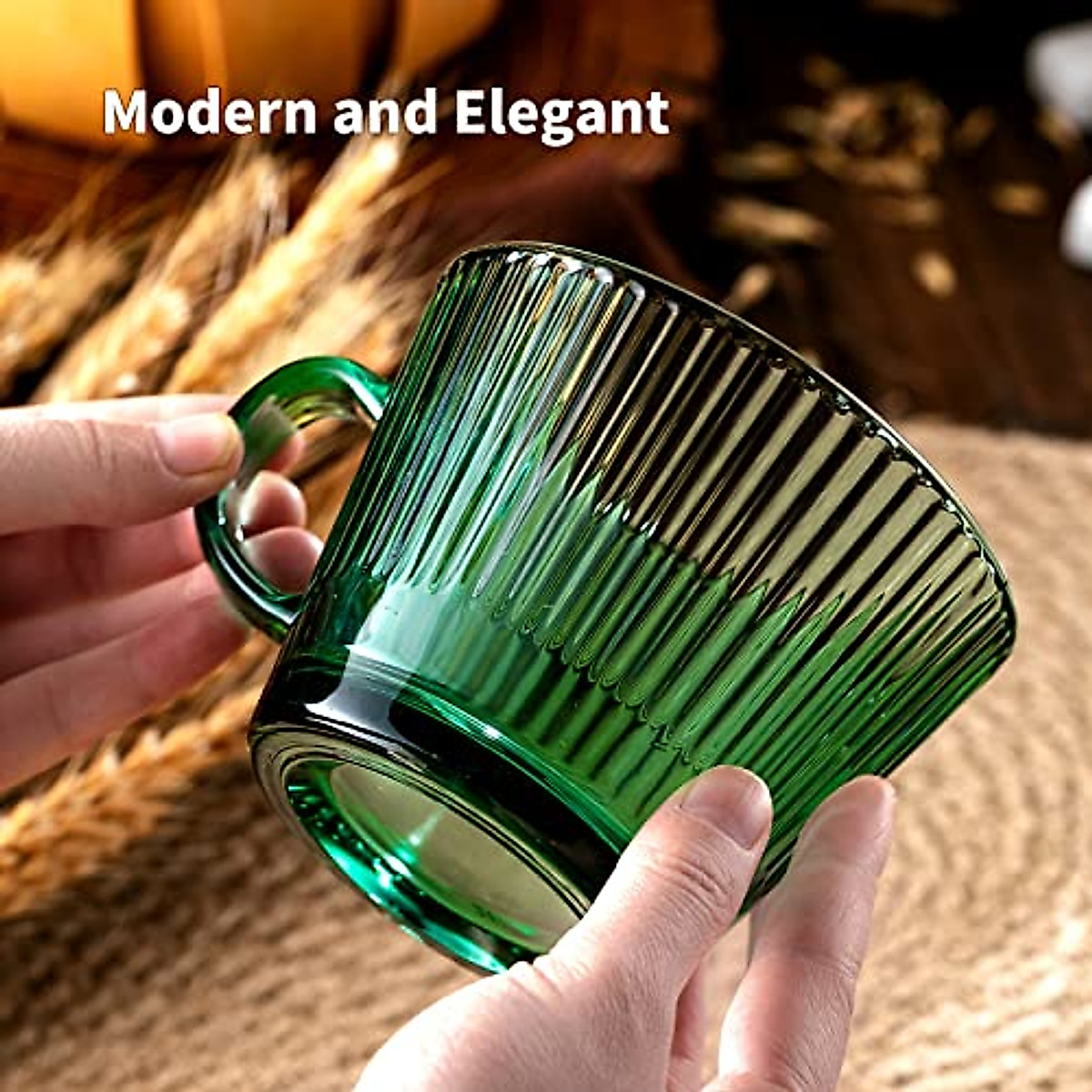 Buaic Glass Coffee Mugs, 14 Oz Set of 2 Vertical Stripes Green Glass Cups Stackable Coffee Cups, Tea Cups, Vintage Mugs for Cappuccino, Latte,Cereal,Beverage Hot/Cold Birthday Day Gifts