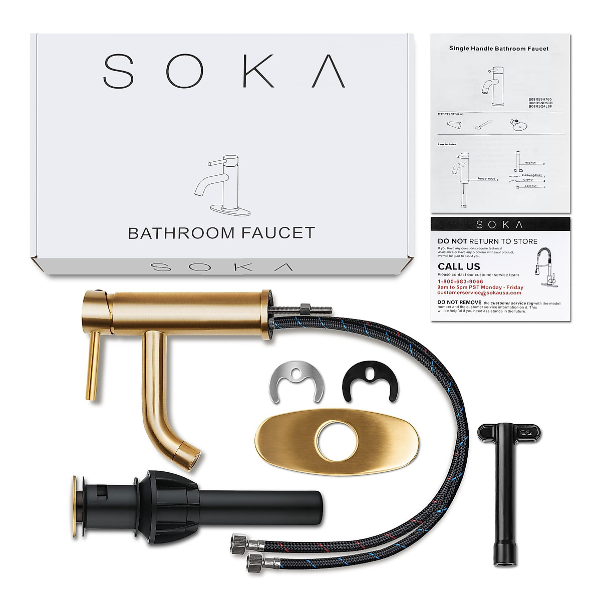 SOKA Bathroom Sink Faucet Single Handle Stainless Steel Lavatory Commercial Bathroom Faucet Bathtub Basin Vanity Faucets with Deck Plate & Pop-Up Drain Assembly Fit for 1 & 3 Hole, Gold