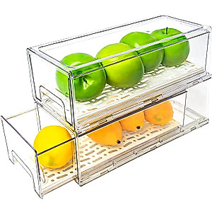 2 Pack Stackable Refrigerator Drawers Pull Out Bins Clear Fridge Drawer Organizer Food Storage Containers Plastic Veggie Fruit Produce Saver for Pantry Kitchen Freezer