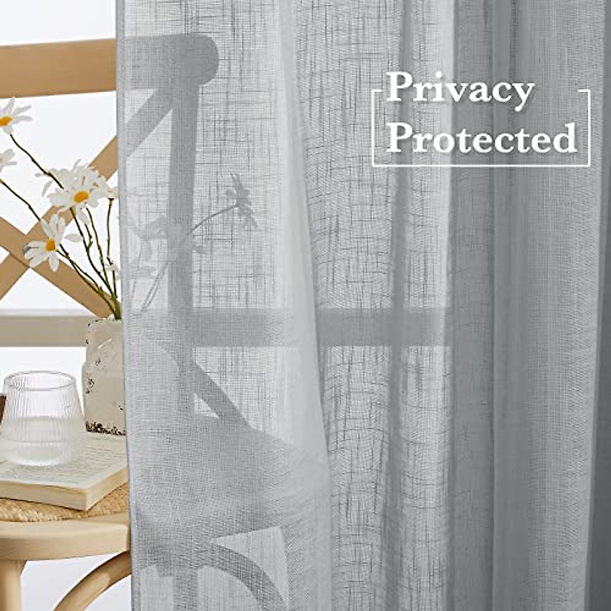 RYB HOME Linen Textured Sheer Curtains 84 inches Long Light & Airy Sheer Window Curtains Country Rustic Farmhouse Curtains for Living Room Bedroom, W 52 x L 84 inch, 2 Pcs, Grey