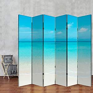 Wood Screen Room Divider Clean White Beach Folding Screen Canvas Privacy Partition Panels Dual-Sided Wall Divider Indoor Display Shelves 6 Panels