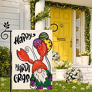 Baccessor Happy Mardi Gras Garden Flag 12x18 Inch Vertical Double Sided, Mardi Gras Gnome Boil Crawfish Fleur de Lis Small Yard Flag Holiday Carnival Celebration Party Yard Outdoor Decoration