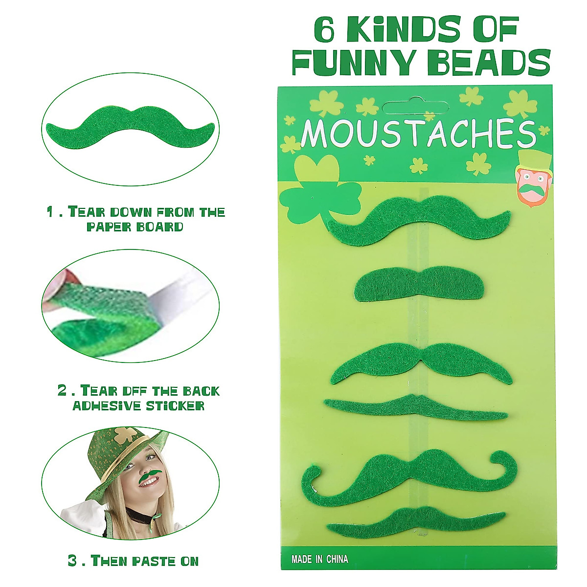 Florideco St. Patrick's Day Accessories Costumes Set With 2 Pairs Earrings 2 Glasses 4 Shamrock Necklace 2 Lucky Bracelets 6 Mustaches 2 Irish Shoulder Strap for Women Irish Party Favors St Patricks Day Decorations