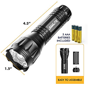 SAMLITE- LED Tactical Flashlight with 5 Options, Bright LED Light, Laser Pointer, UV Blacklight, Green Light and Magnetic Bottom - Water Resistant - (3 AAA Batteries Included)