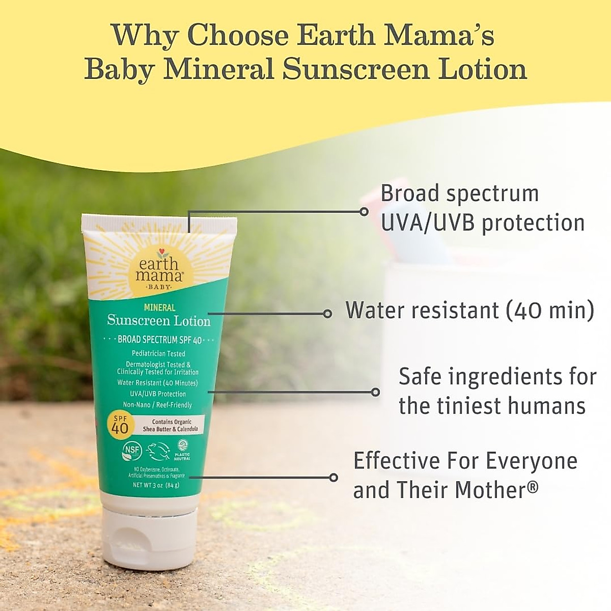 Earth Mama Baby Mineral Sunscreen Lotion SPF 40 | Reef Safe, Non-Nano Zinc, Natural Water Resistant Sun Cream for Babies, Kids & Adults, 3-Ounce