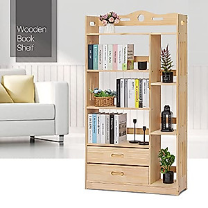 MoNiBloom 4 Tier Bookcase with Open Shelves and 2 Drawers, Large Modern Wood Heavy Duty Storage Display Stand Rack for Living Room, Natural