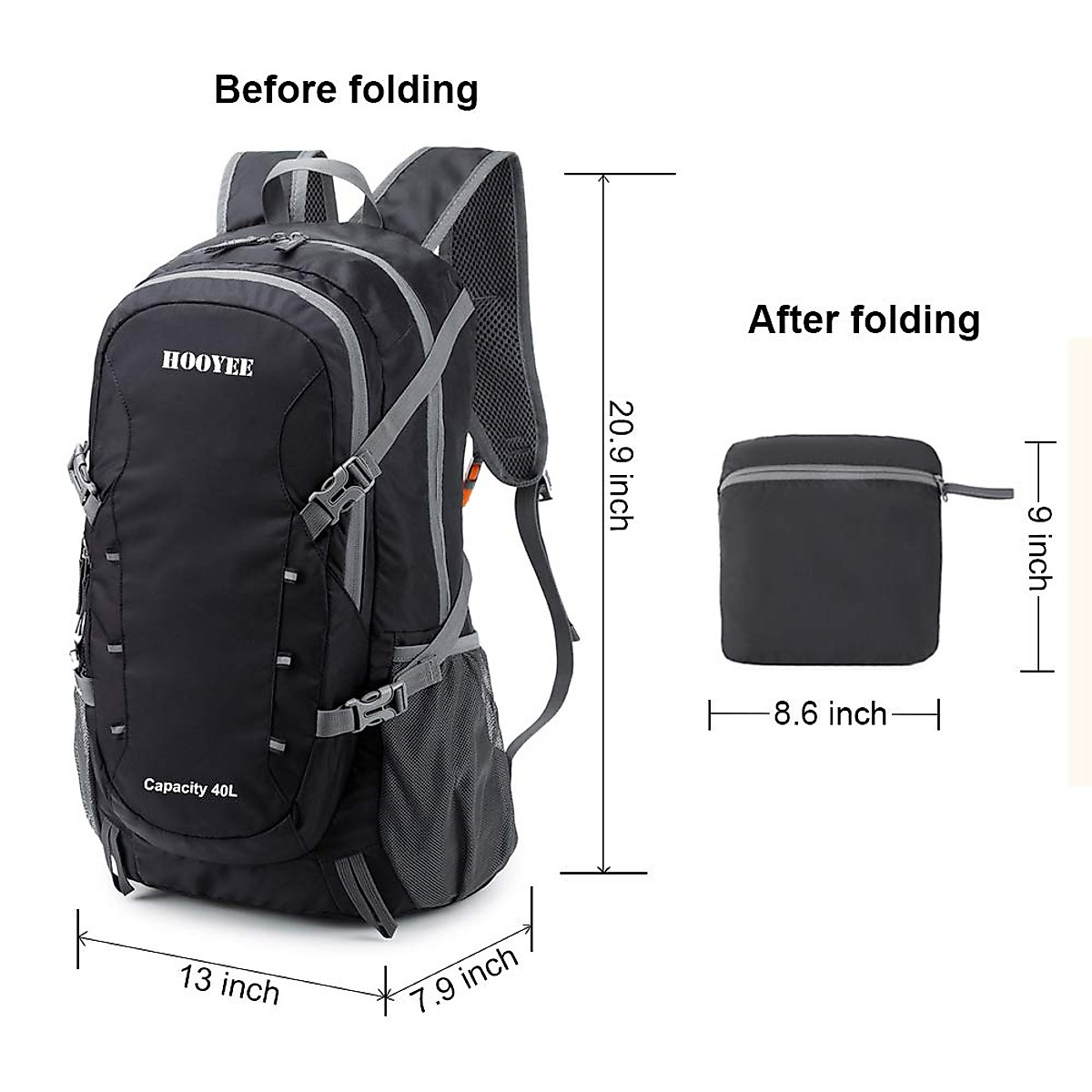 HOOYEE 40L Lightweight Foldable Water-Resistant Ripstop Nylon Hiking Backpack Daypack (Black)