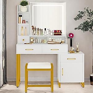 DWVO 43" Vanity Desk with Mirror, Lights, and Power Outlet, Makeup Vanity Set with Adjustable 3-Mode Lighting, Vanity Desk with Multiple Storage Options, and Stool, Bedroom Beautification, White