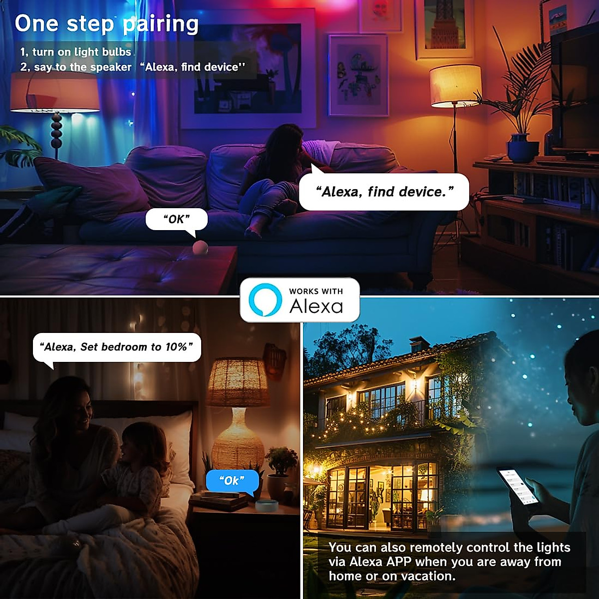 UCB Smart Light Bulbs 130W Equivalent, Color Changing Light Bulb, Work with Alexa Only, 16 Million Colors RGBWW, Music Sync, DIY Flash,1300LM A19 E26 Bluetooth Led Light Bulbs, No WiFi Required,4Pack