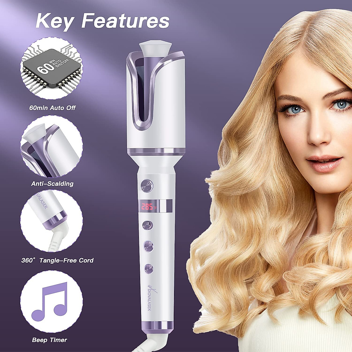 Auto Hair Curler, Automatic Curling Iron Wand with 1" Large Rotating Barrel & 6 Temps & 3 Timer Settings, Curling Iron with Dual Voltage, Auto Shut-Off, Fast Heating Spin Iron for Hair Styling