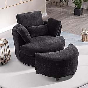 Chair and A Half with Ottoman, 360° Swivel Accent Barrel Chair Modern Comfy Round Reading Sofa Swivel Chairs Circle Lounge Chair for Bedroom Living Room w/4 Pillow Lower Seating Heigh (Black, Large)