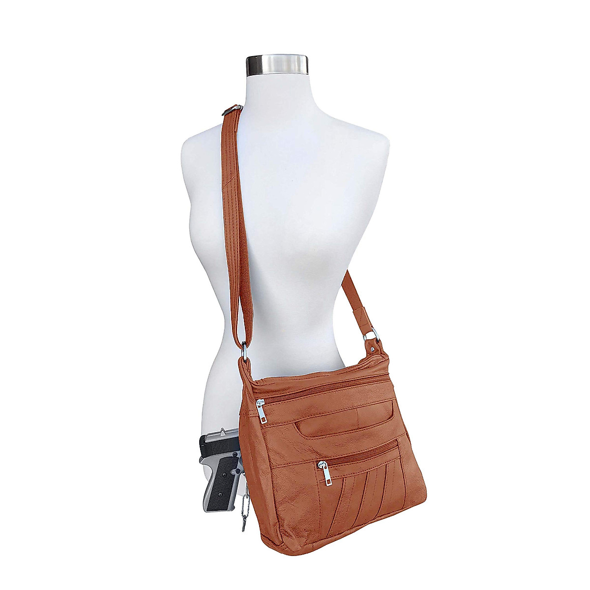 Leather Concealed Carry Crossbody Purse - YKK Locking CCW Ambidextrous Gun Bag Roma 7082, Light Brown One Size