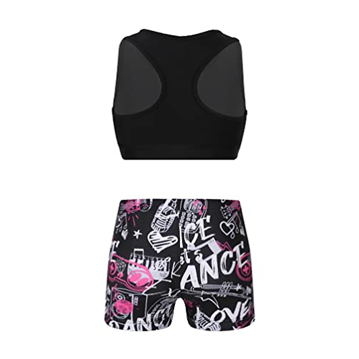 YONGHS Kids Girls Sports Tankini Outfit Crop Top with Booty Shorts Gymnastic Suit Swimsuit Swimwear Rock Music Rose 5-6 Years