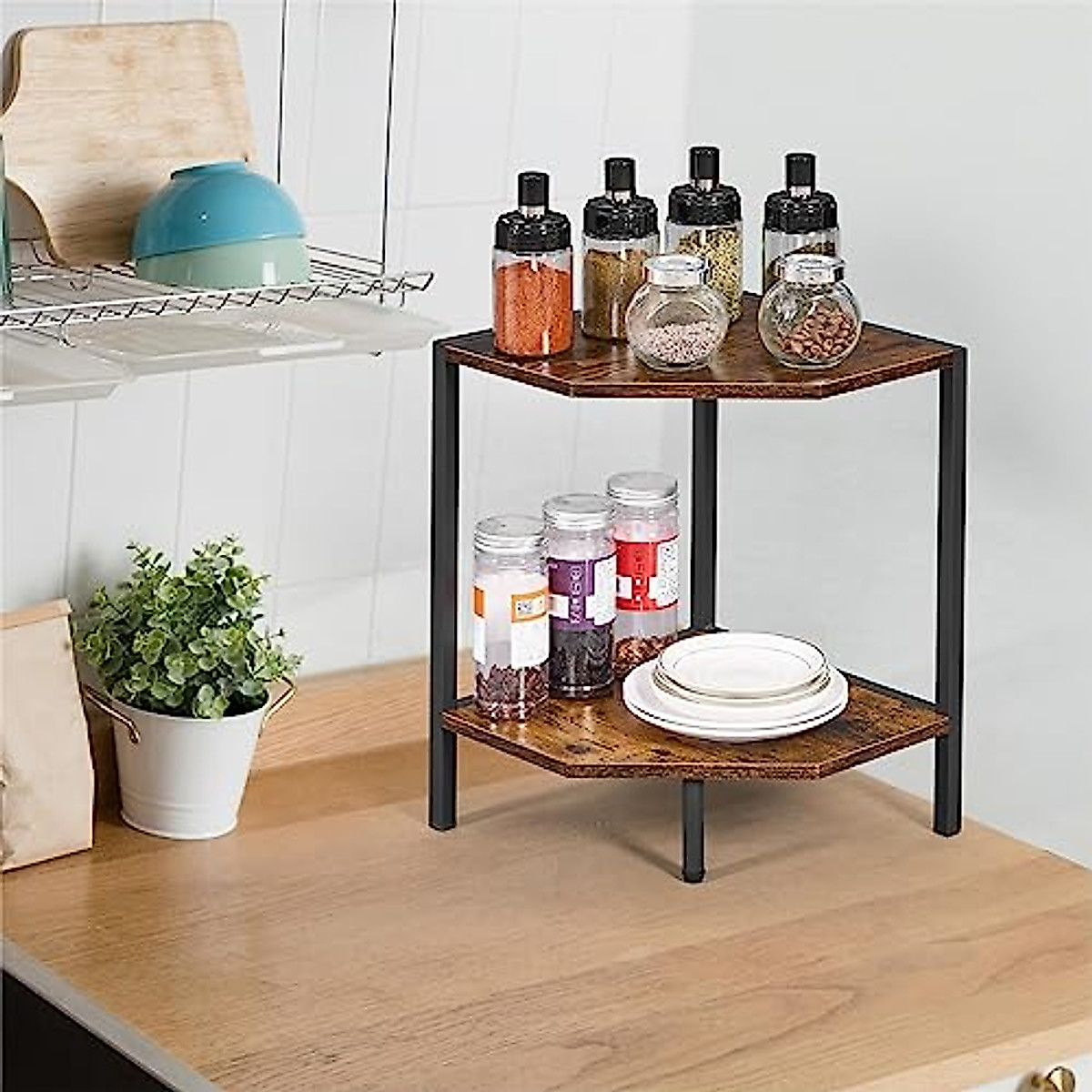 HOMCENES Corner Shelf Stand, Industrial 2 Tier Wall Corner Bookshelf with Metal Frame, Corner Display Rack Plant Flower Shelf, Corner Shelves for Living Room Decor, Bedroom, Bathroom, Rustic Brown