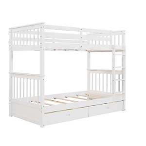 Harper & Bright Designs Twin Over Twin Bunk Bed with Storage Drawers, Solid Pine Wood Frame and Ladder with Guard Rails for Kids, Teens, Boys and Girls, No Box Spring Needed, Bunk Bed White