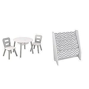 KidKraft 26166 Round Table and Chair Set, White/Gray, 3 & Wooden Sling Bookcase, Sturdy Canvas Fabric, Chevron Pattern- Gray & White