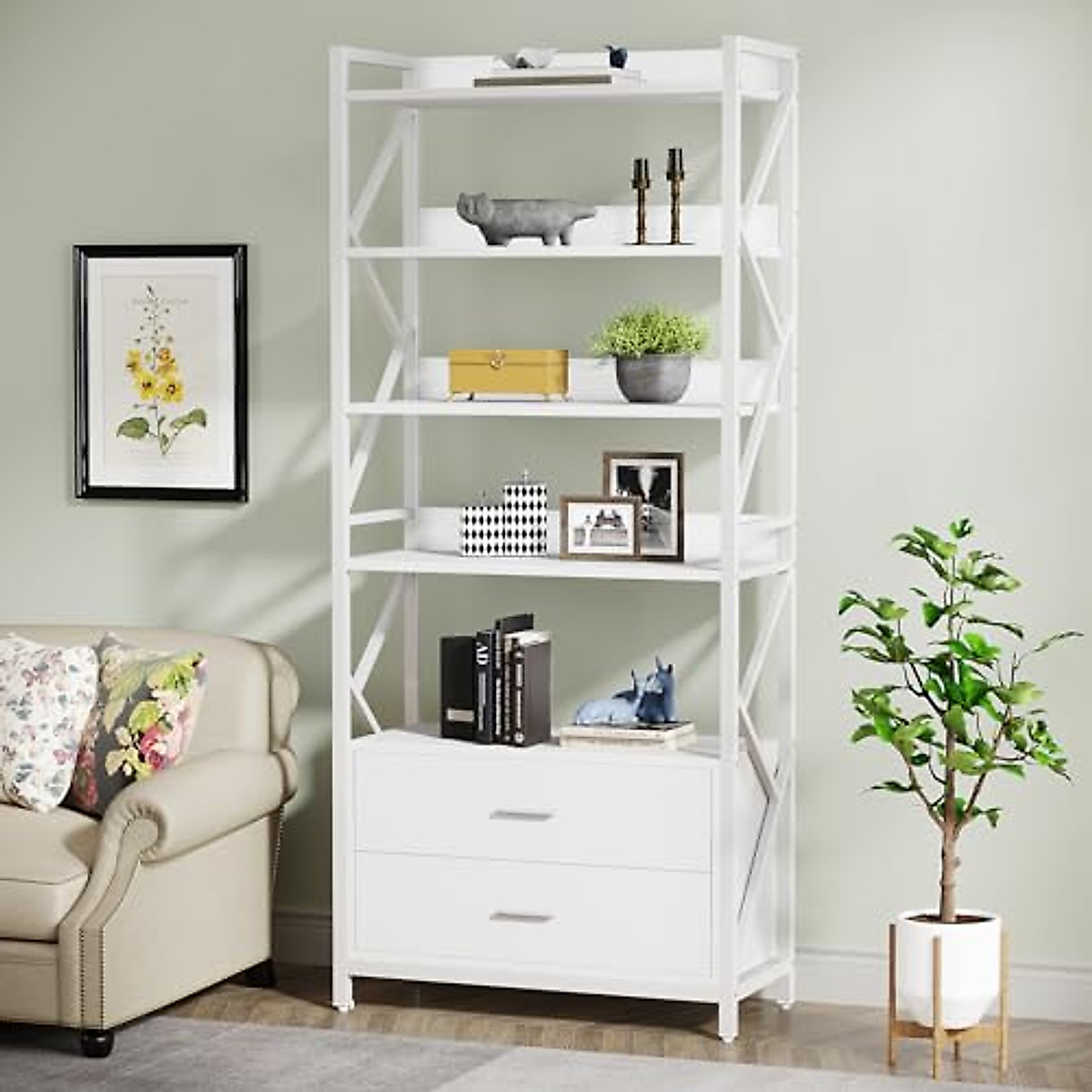 Tribesigns Bookshelf with Drawers, 70.8" Industrial Bookcase with 2 Drawers, 5 Shelf Open Shelf for Storage, Wood Book Shelf for Living Room, Bedroom, Home, Office (1, White)