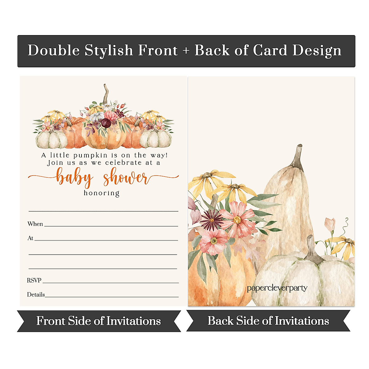 Paper Clever Party Our Little Pumpkin Invitations with Envelopes - 25 Pack - Pumpkin Baby Shower - 5x7 Blank Cards for Personalization