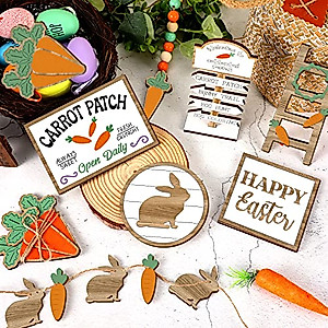 12 Pcs Easter Tiered Tray Decor Wooden Carrot Patch Bunny Egg Items Happy Easter Tray Signs for Spring Home Farmhouse Rustic Kitchen Decorations (Wooden Bunny)