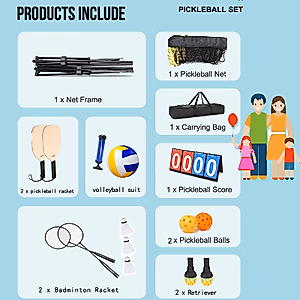 17ft Badminton Sets for Backyards, All-in-One Outdoor Volleyball and Badminton Combo Set - Includes Height Anti-Sag Net, Volleyball, Air Pump, 2 Badminton Rackets, 3 Birdies, Scoreboard and More