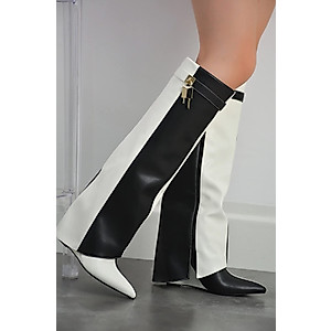 Cape Robbin Women's Wedge Boots Knee High Pull On Pointed Fold Over Wedge Heel Boots Valeri-5 Black 11