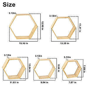 Floating Shelves Set of 5, Honey Comb Hexagon Floating Shelves Set, Hexagon Shelves for Wall, Wall Mounted Bamboo Farmhouse Storage for Bathroom, Kitchen, Bedroom, Living Room, Office(Natural Color)