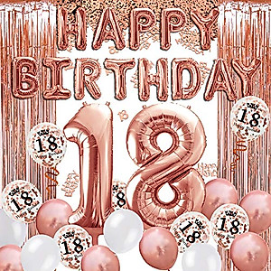 MOVINPE 18th Rose Gold Birthday Party Decoration, Happy Birthday Banner, Jumbo Number 18 Foil Balloon, 2 Rose Gold Fringe Curtain, Latex Confetti Balloon, Table Confetti for Girl Women Anniversary