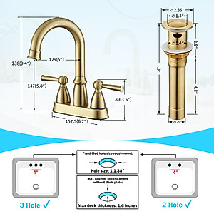 CREA Bathroom Faucet 4 inch Gold 2 Handle Sink Faucets with Pop Up Drain 2 Hole Faucet for Vanity Lavatory Basin Restroom