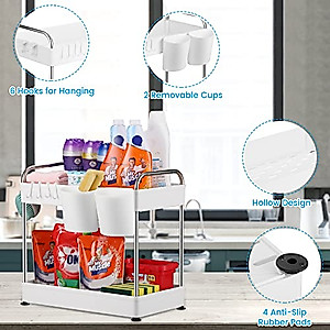 Cosy Life Under Sink Organizers and Storage, Kitchen Cabinet Organizer with 6 Hooks, 2 Hanging Cups and Anti-foot, 2 Tier Under Sink Organizers for Home Bathroom Kitchen
