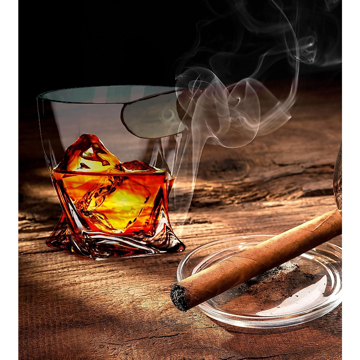 Bezrat Whiskey Cigar Glasses - Set of 2 - Old Fashioned Whiskey Tumbler With Side Mounted Holder Cigar Rest - Father's Day Gift - Dad, Husband, Grandpa, Brother