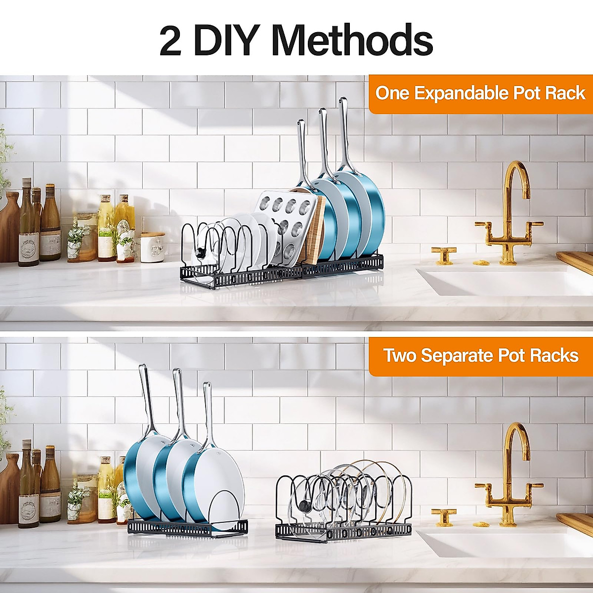 ORDORA Pot and Pan Organizer Rack for Cabinet - Expandable Cutting Board Pot Lid Organizer Holder with 11 Adjustable Dividers for Kitchen Cabinet Cookware Baking Frying Rack