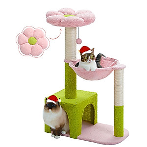 MUTTROS Flower Cat Tree with Large Metal Frame Hammock, 35" Cute Cat Tower with Sisal Scratching Posts for Small Indoor Cats, Cat Condo with Pink Top Perch for Kittens, Pink