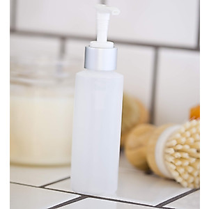 JUVITUS Clear Natural Large Refillable Plastic Squeeze Bottle with Silver Lotion Pump Dispenser 4 oz / 120 ml - (6 Pack)