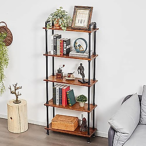 Anynice Industrial Bookshelf, Bookcases and Book Shelves 5 Shelf,Pipe Bookshelf, Industrial Pipe Shelving, Pipe Shelves(Rustic Brown, 29.5" L x 11.8" W x 70" H)
