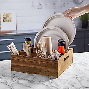 ALELION Acacia Wood Utensil Holder for Party - Paper Plate Organizer for Countertop - Silverware Caddy with 6 Compartments for Plate, Cup, Fork, Spoon - Cutlery Holder for Kitchen Camping Buffet