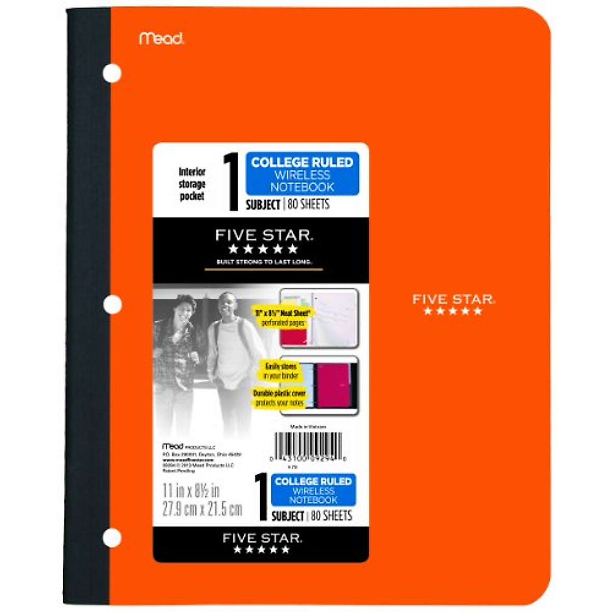 Five Star Bound Notebook with Pocket, 1 Subject, College Ruled Paper, 80 Sheets, 11" x 8-1/2", Color Selected For You, 1 Count (09294)