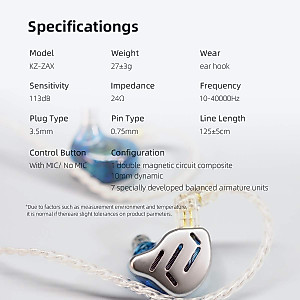 KZ Zax in Ear Monitor Headphones, HiFi IEM Stereo Noise Isolating Sport Wired Earbuds with Detachable Cable for Musician Audiophile