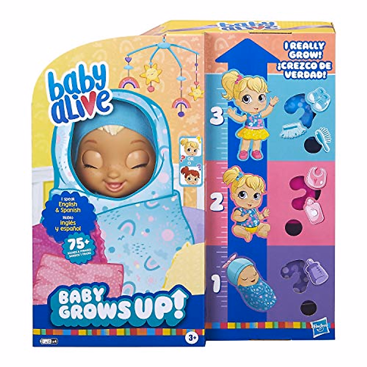 Baby Alive Baby Grows Up (Happy) - Happy Hope or Merry Meadow, Growing and Talking Baby Doll, Toy with 1 Surprise Doll and 8 Accessories , Blue