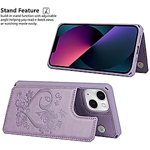 iCoverCase for iPhone 13 Wallet Case with Card Slots Holder Kickstand [RFID Blocking] Embossed Leather Magnetic Shockproof Cover with Wrist Strap (Heart Purple), Purple