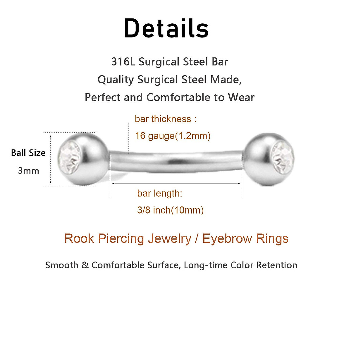 MODRSA Rook Piercing Jewelry Rook Earrings for Women Eyebrow Rings Surgical Steel Nose Bridge Curved Barbell 16 gauge Surface Tragus Piercing Jewelry Snug Earring