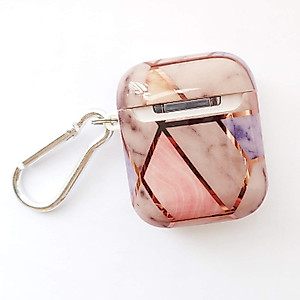 Qokey Compatible with Airpods Case,Bling Marble Soft Silicone Case Cover Wireless Charging Case Portable & Shockproof Women Girls Men with Carabiner Protective Case for AirPods 1 & 2,Rose Gold Marble