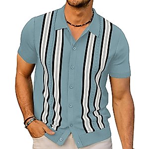 PJ PAUL JONES Knit Polo Shirt Mens Retro 70s Stripes Lapel Collared Knitted Shirts Blue Button Down Italian Knitwear for Summer Golf Bowling XL
