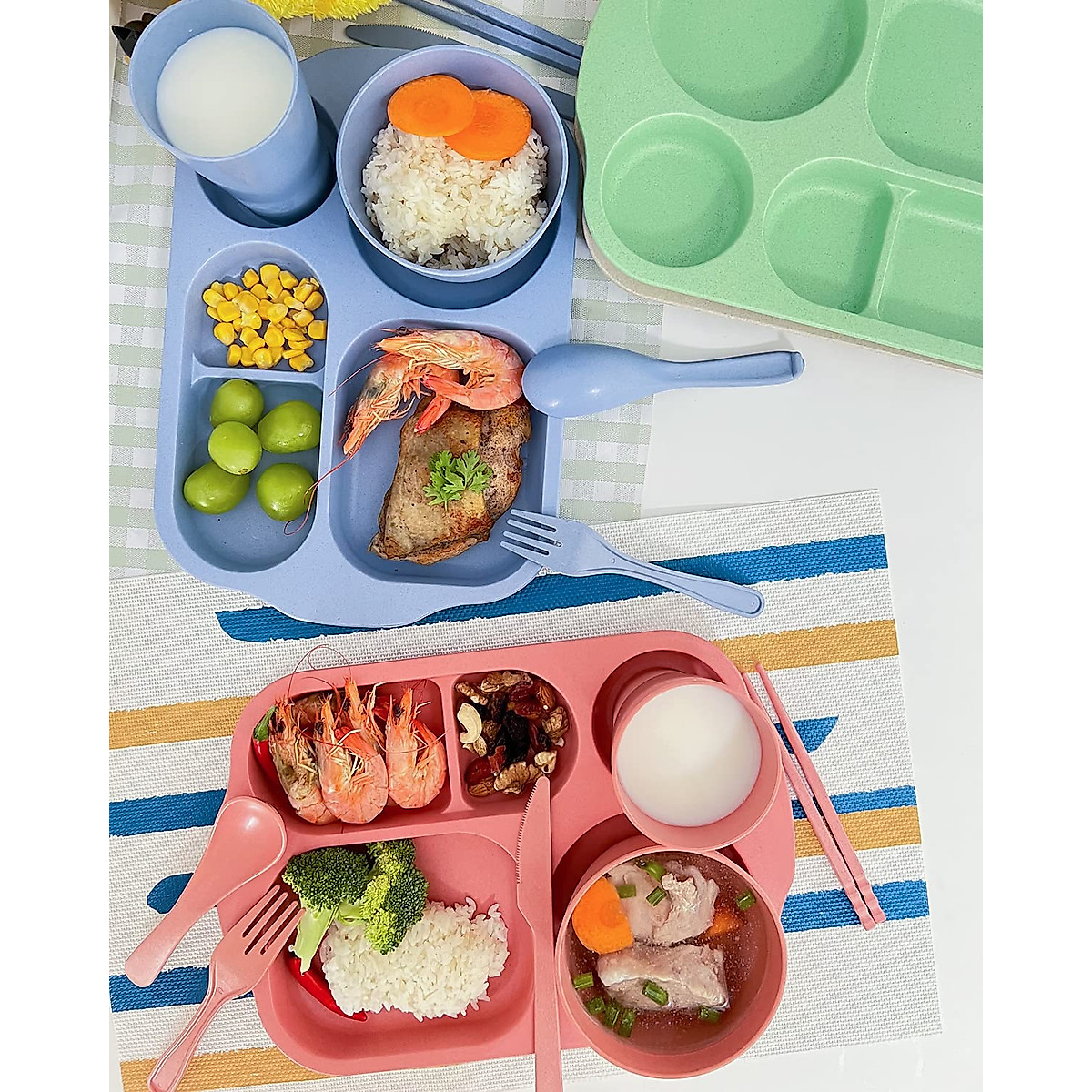 KITLAB Unbreakable Divided Plates, 4 Pack Wheat Straw Tray, Large Fast Food Tray for Toddlers Adults Kids Children, Lightweight Plates, Dishwasher and Microwave Safe