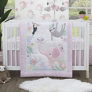 NoJo Little Love Tropical Garden Pink, Green, and White Jungle Animal 3 Piece Nursery Crib Bedding Set - Comforter, Fitted Crib Sheet, and Crib Skirt
