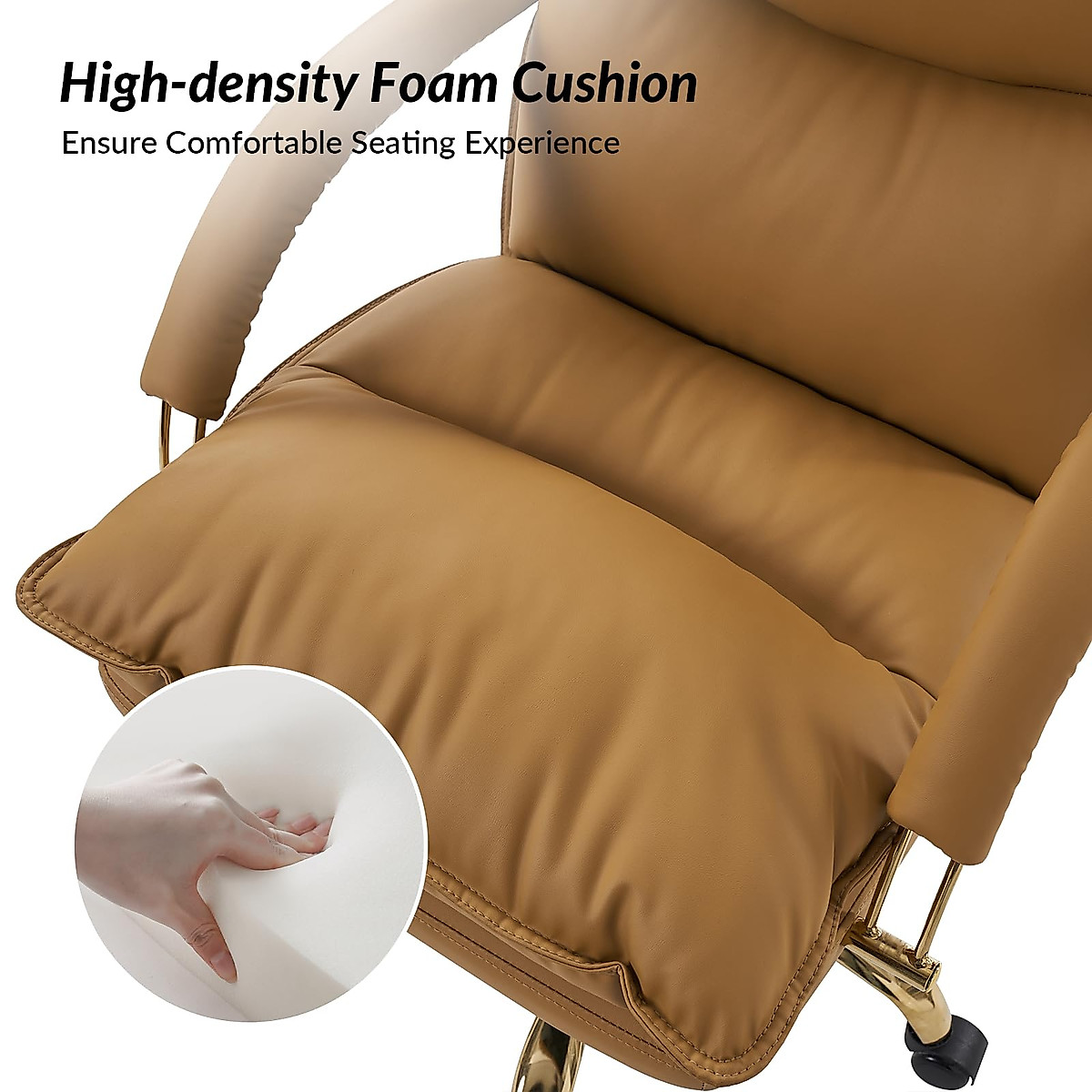 HULALA HOME Office Desk Chair, Leather Adjustable Swivel Computer Chair with Golden Legs and Padded Arms, Comfy Upholstered Task Chair, Camel