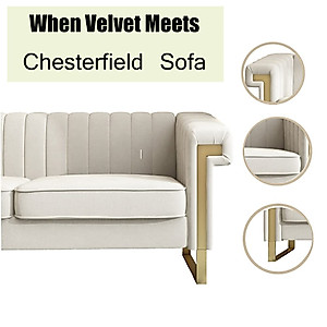 RUNOLIG Chesterfield Sofa, Upholstered Blue Velvet Couch with Flared Arms and Removable Cushions, Comfy Couch with Wood Frame and Gold Legs, Modern Couches for Living Room, Apartment, Office